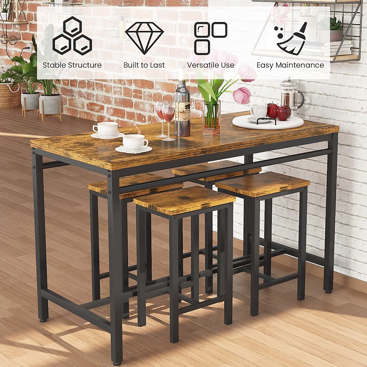 AWQM 5 Piece Bar Table Set, Modern Counter Height Dining Table and Chairs Set for 4, Wood Kitchen Table and 4 Bar Stools for Small Spaces, Apartment, Pub, Dining Room (Rustic Brown)