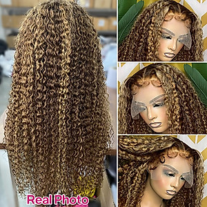 CYNOSURE 13x5 Curly Honey Blond Ombre Color Highlight Lace Front Human Hair Wigs for Women Invisible Pre Plucked (24 Inch, Highlight)