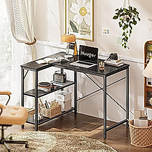 Huuger L Shaped Desk, 39 Inches Computer Desk with Reversible Storage Shelves, Gaming Desk, Corner Desk Home Office Desks, Writing Desk Study Desk with Metal Frame, Black