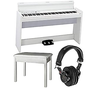 Korg LP-380 88-Keys Grand Digital Piano, White Bundle with Piano Bench, H&A Versa Professional Studio Monitor Headphones