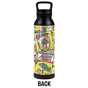 Superman OFFICIAL Comic Covers 24 oz Insulated Canteen Water Bottle, Leak Resistant, Vacuum Insulated Stainless Steel with Loop Cap, Black