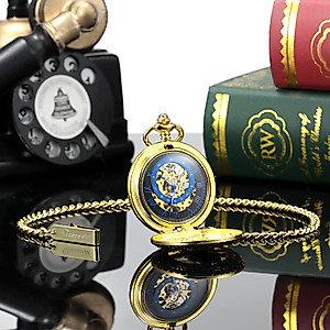 TREEWETO Men's Mechanical Roman Numerals Dial Sun and Moon Skeleton Gold Case Pocket Watches with Box and Chains for Mens Women