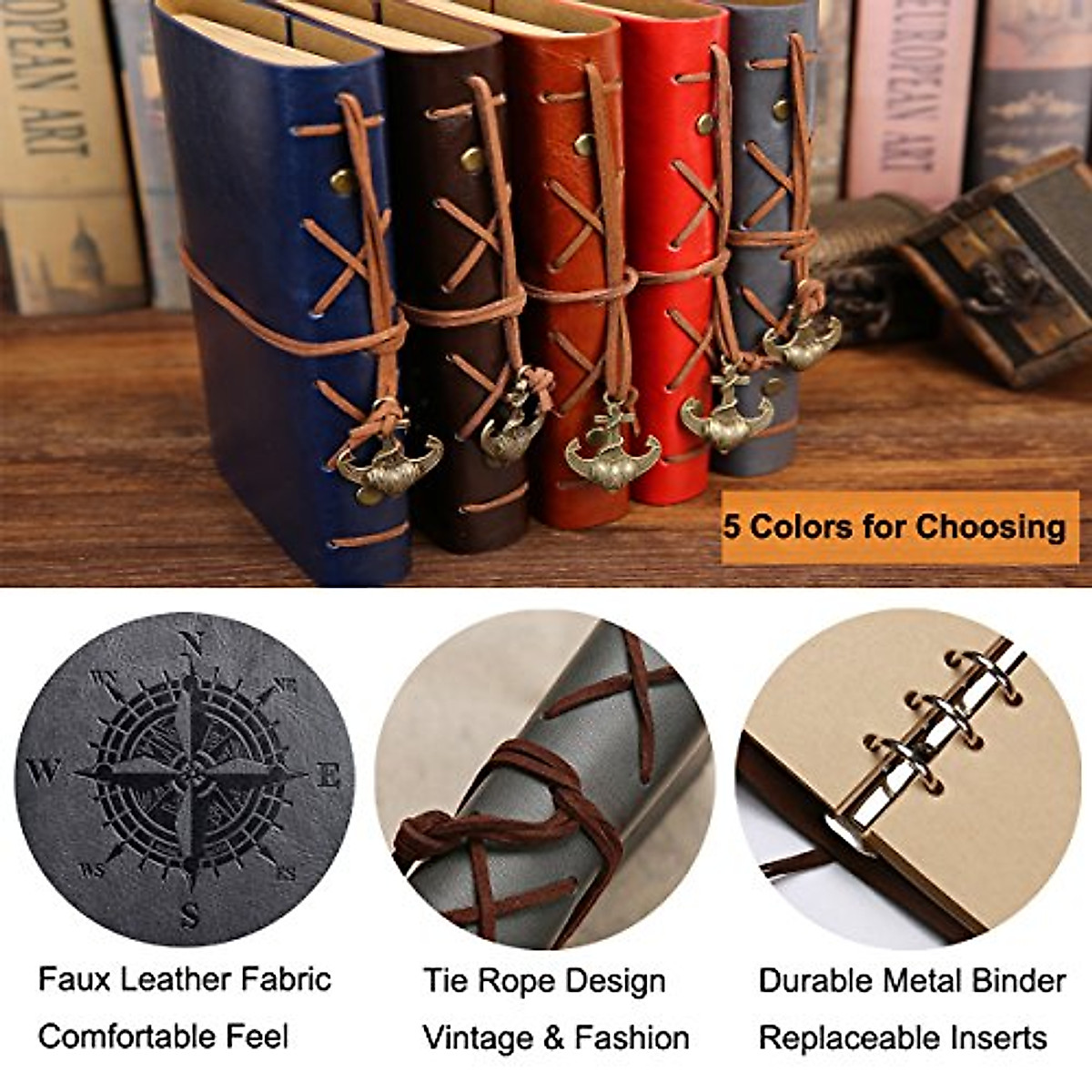 Vintage Leather Journal Travelers Notebook Refillable Journals Refillable Diary Planner Writing Notepad A6 Note Book for Men & Women, No Lines, 7 x 5 inches, 80 Sheets/ 160 Pages(Dark Blue)