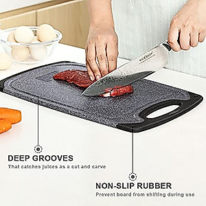 Viretang Plastic Cutting Board, 3 Pieces Dishwasher Safe Cutting Boards for Kitchen with Juice Grooves, Easy Grip Handle, Non-Slip, with Grinding Area for Grinding Garlic and Ginger（Dark Grey）