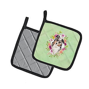 Caroline's Treasures CK4427PTHD Australian Shepherd Green Flowers Pair of Pot Holders Kitchen Heat Resistant Pot Holders Sets Oven Hot Pads for Cooking Baking BBQ, 7 1/2 x 7 1/2