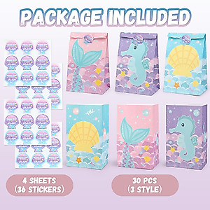 HEJIN 30PCS Mermaid Party Favor Bags with Stickers, Mermaid Birthday Decorations - Great for Girls Kids Under the Sea Party Favors, Birthday Party, Baby Shower, Easter, Wedding, Halloween