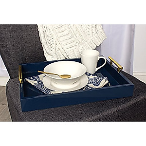 Kate and Laurel Lipton Decorative Tray with Polished Metal Handles, Navy Blue and Gold