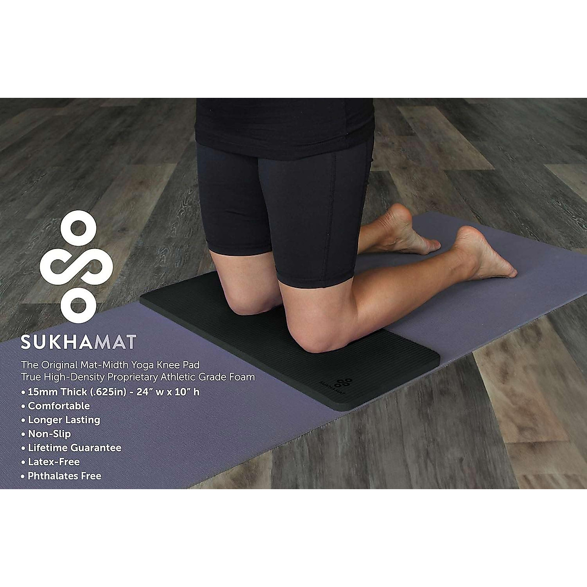 SukhaMat Yoga Knee Pad - 15mm (5/8") Thick - The best yoga knee pad for a pain free Fitness Exercise Workout. Cushions pressure points. Complements your full-size yoga mat. (Black)