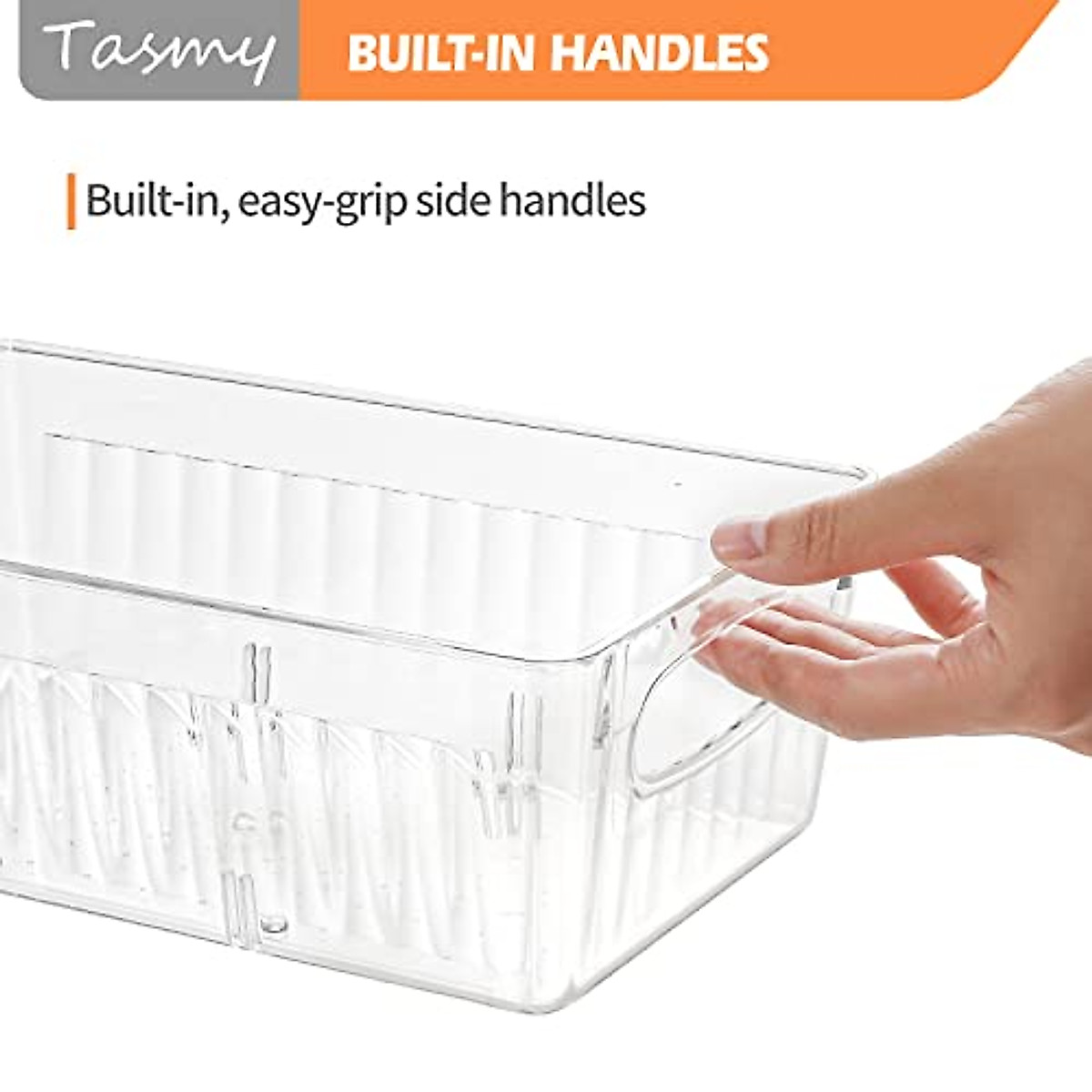 Tasmy Clear Plastic Pantry Organization and Food Storage Bin, Stackable Storage Box with Handle for Refrigerator, Kitchen, Countertops, Cupboard and Freezer Organization, BPA Free, Medium - Set of 6