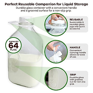 The Dairy Shoppe Heavy Glass Milk Bottles - Jugs with Lids and Extra Silicone Pour Spout - Clear Milk Containers for Fridge - Reusable Glass Milk Jug Dispenser - Made in USA (64 oz, 2 Pack)