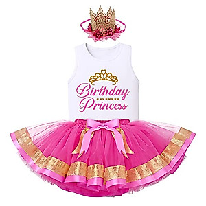 Toddler Kid Baby Girl 1/2/3/4/5/6 Year Old Birthday Party Dress Sleeveless Printed Vest Tops+Princess Tulle Tutu Skirt+Flower Crown Outfit Summer Clothes Cake Smash Photography Hot Pink 4-5 Years