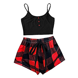 SOLY HUX Womens Pajama Set 2 Piece Lounge Sets Soft Sleepwear Cami Crop Top and Plaid Shorts Nightwear Red Black Plaid S