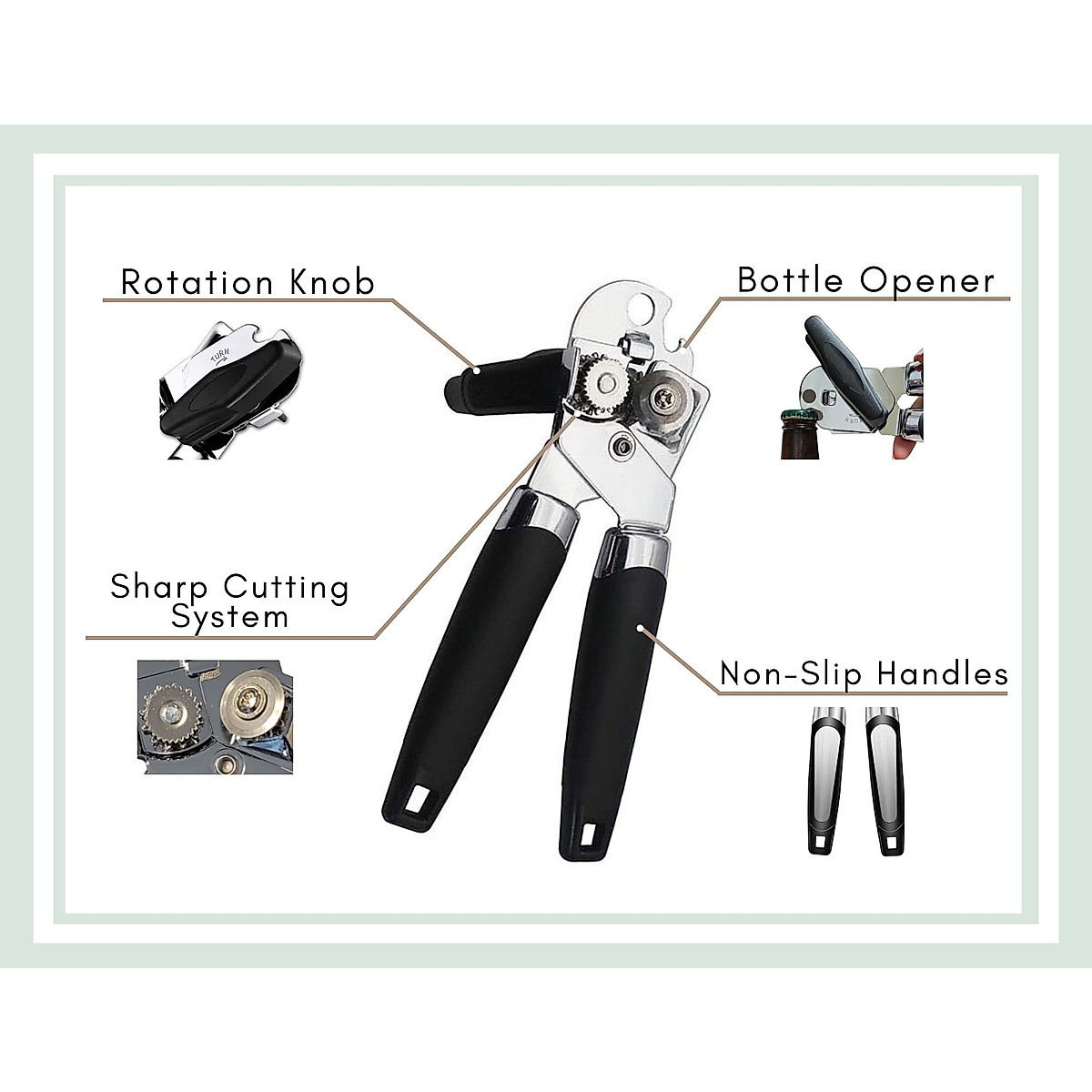 DanDam Manual Can Opener, Tin Cutter Kitchen, No Sharp Edge, Comfortable Soft Handle, Easy to Use Turn Knob, Durable Can Opener, Includes Built in Bottle Opener, Best Can Opener, Black