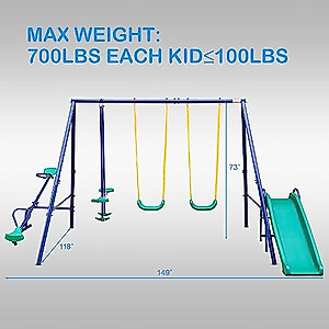 HooKung Swing Set for Backyard Outdoor Heavy Duty A-Frame Metal Playset with Seesaw, 2 Swings, Slide and Glider for Kids Toddlers