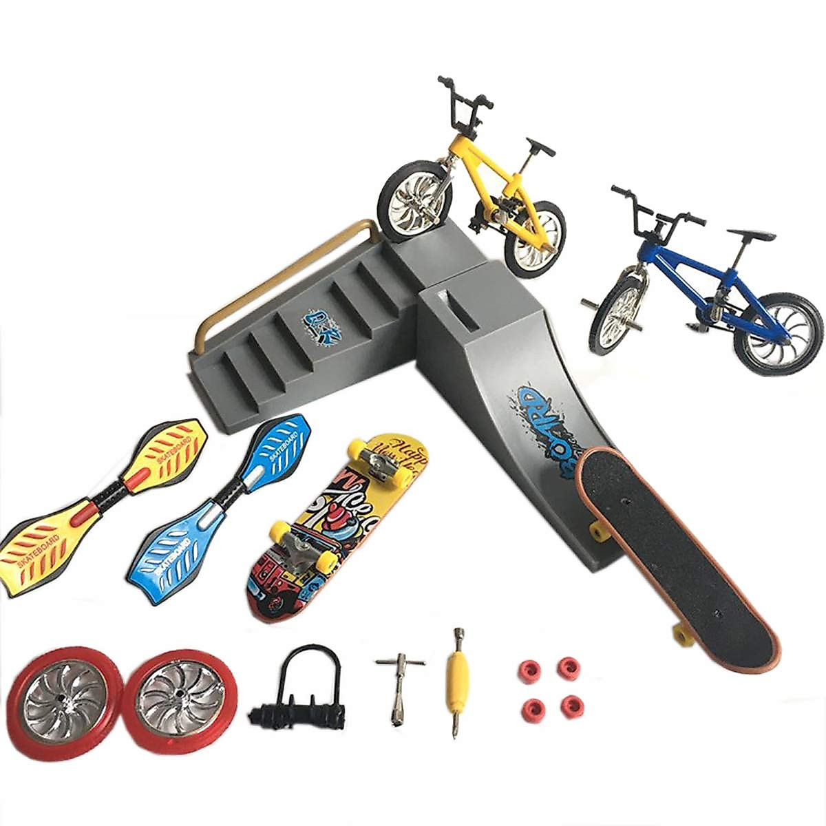 QKILL 17 in 1 Fingerboard Ramps Set Finger Toys with Ramp/Mini Finger Skateboards Finger Mini Bikes/Swing Board with Replacement Wheels and Tools (Gray Ramp Kit)