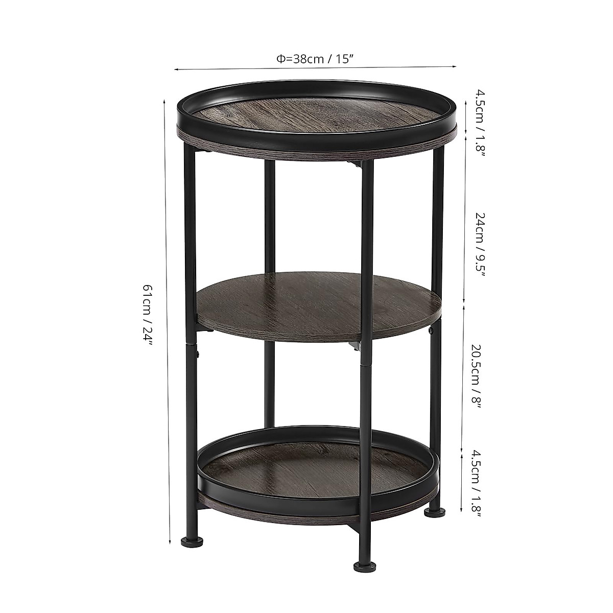 Dulcii Side Table, Round End Table with 3 Shelves for Living Room, Bedroom, Nightstand with Steel Frame for Small Spaces, Industrial Round Sofa Table, Outdoor Accent Coffee Table, Grey