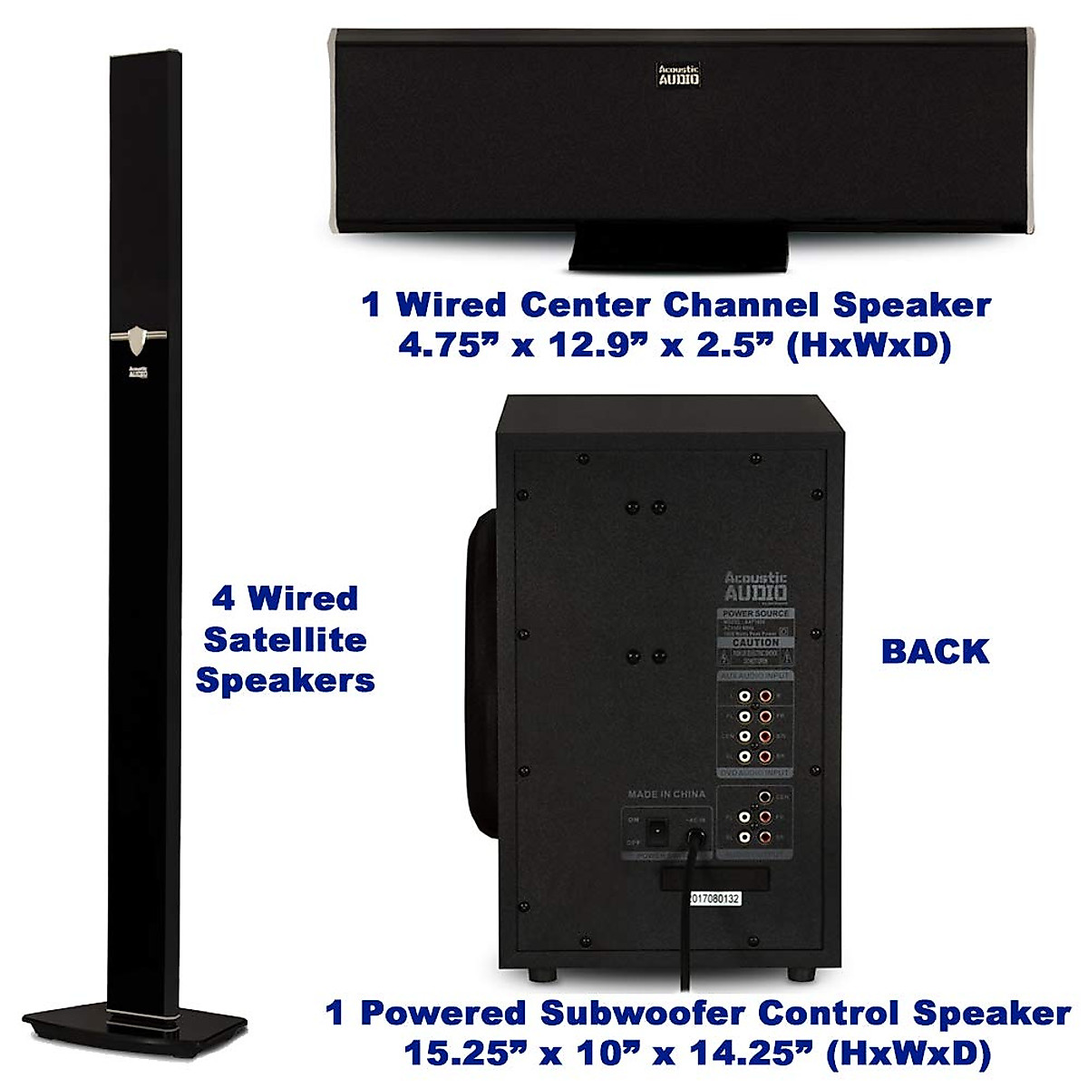 Acoustic Audio AAT1003 Bluetooth Tower 5.1 Speaker System with Mic and Powered Subwoofer