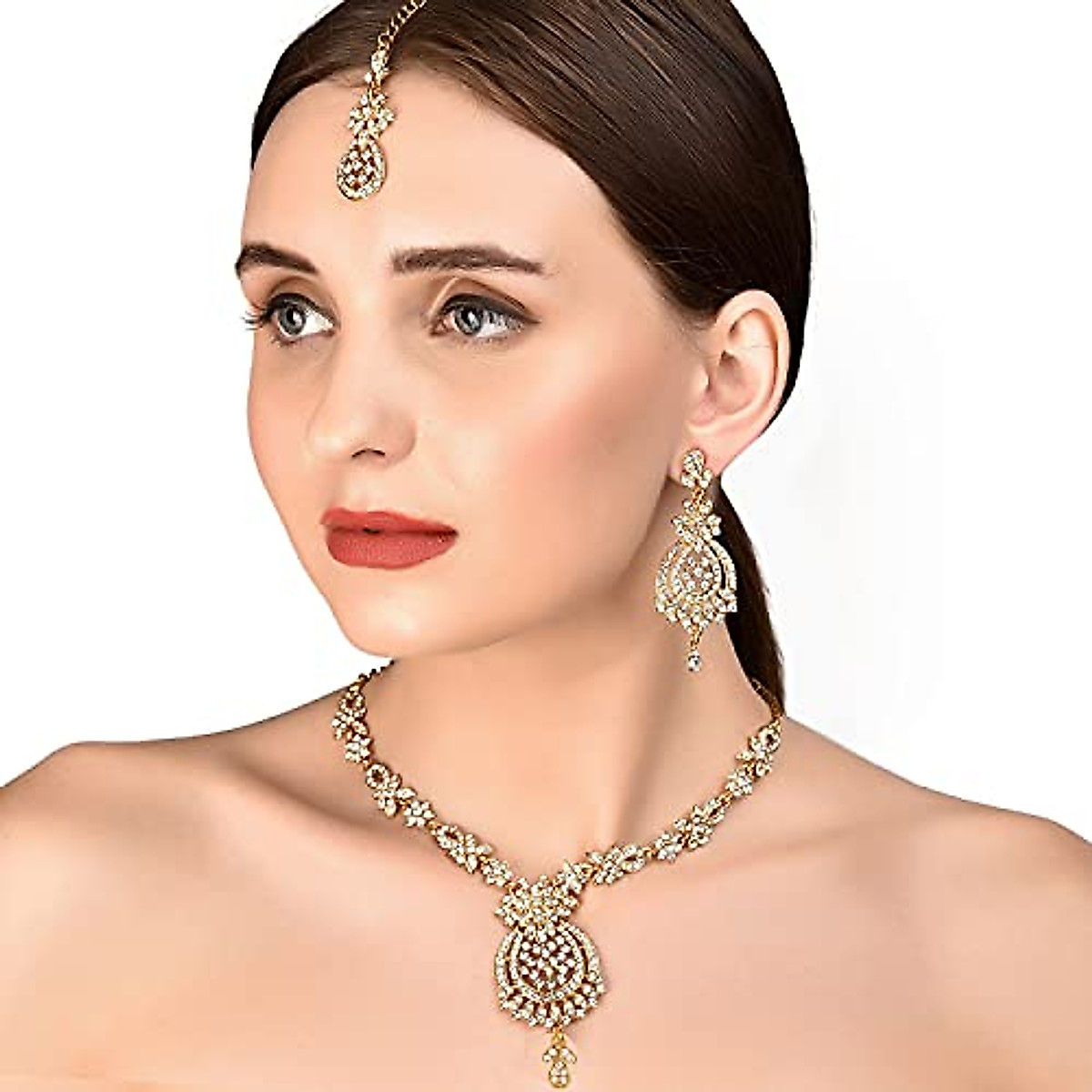 Touchstone Indian Bollywood Trends Filigree Floral Pattern Sparkling Rhinestone Designer Jewelry Necklace Set Mangtika In Antique Gold Tone For Women.