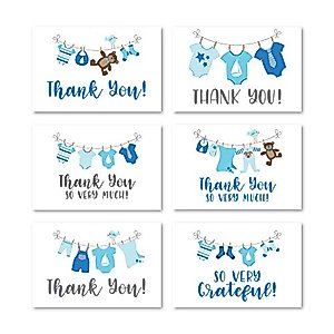 24 Blue Clothesline Baby Shower Thank You Cards With Envelopes, Boy Sprinkle Thank-You Note, 4x6 Gratitude Card Gift For Guest Pack, Gender Reveal DIY So Grateful Varied Little Onesie Event Stationery