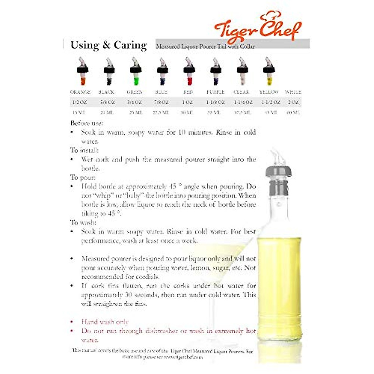 Tiger Chef 1-1/4 Oz Measured Liquor Pourer Tail with Collar Liquor Spout Pourer