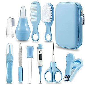 PandaEar Baby Healthcare and Grooming Kit, Baby Safety Set Baby Comb, Brush, Finger Toothbrush, Nail Clippers, Scissors, Nasal Aspirator, Baby Essentials Nursery Care Kit (Blue)