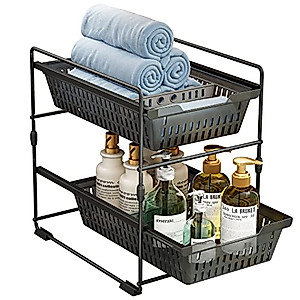 junyuan Under Sink Organizers and Storage,Bathroom Countertop Organizer,Pull Out Cabinet Organizer Baskets with Dividers,Black