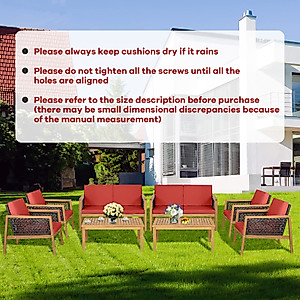 PATIOJOY 4 Pieces Outdoor Acacia Wood Furniture Set, Outdoor PE Wicker Conversation Set with Coffee Table and Soft Cushions, Outdoor Sofa Set for Garden, Poolside and Backyard (1, Red)