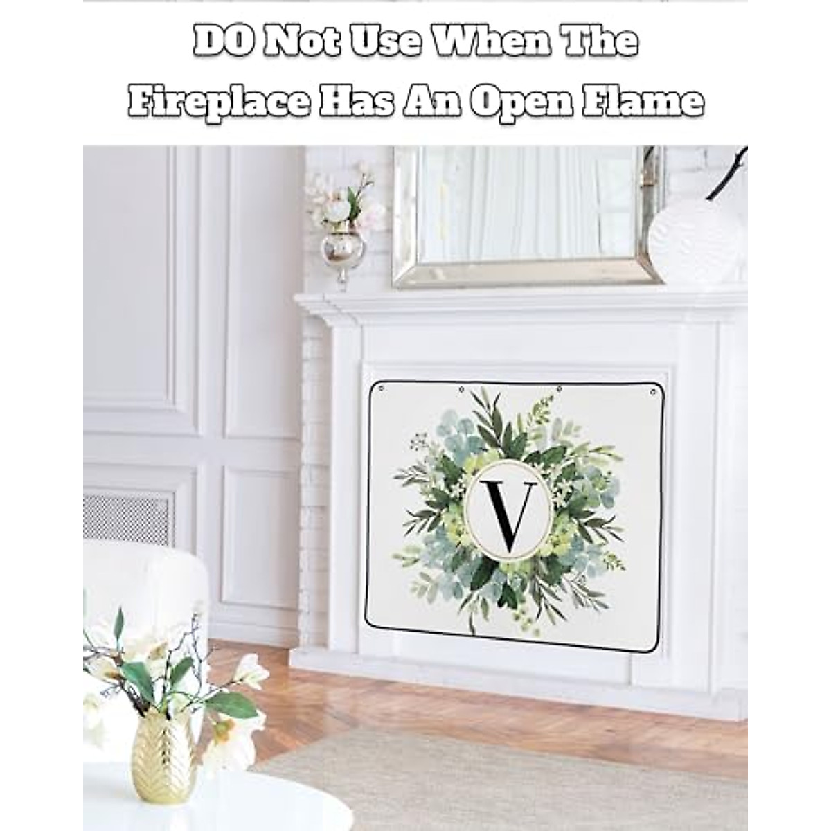 Fireplace Screen Magnetic Fireplace Cover for Living Room Washable Indoor Fireplace Draft Cover Christmas Fireplace Screens,Save Energy Stops Heat Loss,Letter V, Farmhouse Eucalyptus Wreath 51"x39"