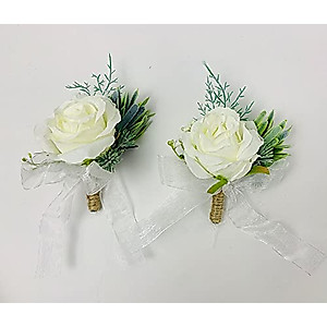 Set of 2 Rose Boutonnieres and Rose Wrist Corsage Men Boutonniere Set Woman White Rose Wrist Corsage Wristlet Band Bracelet for Wedding Suit Decorations (Boutonnieres)