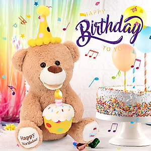 Hopearl Adorable Happy Birthday Teddy Bear with Glowing Cupcake Musical Stuffed Animal Bear Singing and Shaking Plush Toy Interactive Animated Kids Gifts, Brown, 15’’