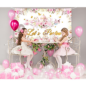 Avezano Tea Party Backdrop Floral Butterfly Glitter Let's Partea Banner Afternoon Tea Baby Shower Birthday Party Decorations 70.8 x 43.3 Inch (Pink)