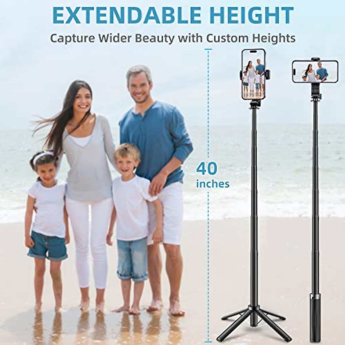 MACOO Selfie Stick Phone Tripod with Remote Upgrade Quadripod Design 40'' Extendable Rechargeable Bluetooth Control Mini Compact Lightweight for Travel Compatible iPhone Samsung All Cell Phone… Black