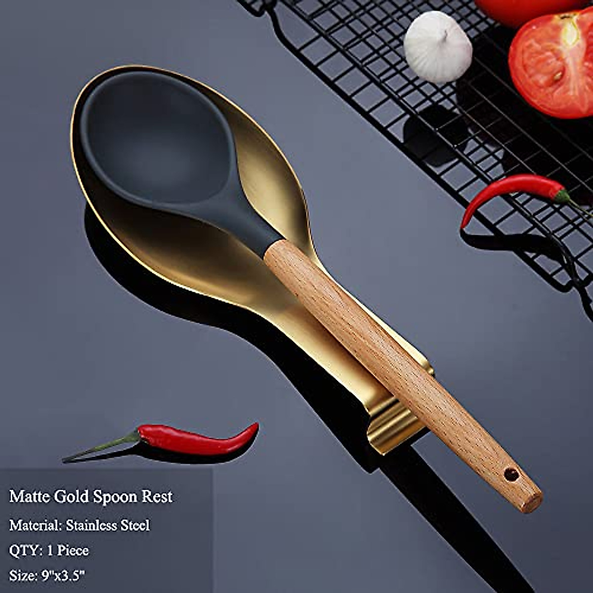 Matte Gold Spoon Rest, Stainless Steel Spoon Holder for Stove Top, kitchen utensils Holder for Ladles, Tongs, Spatula, Stove Spoon Holder, Pot Lid Holder, Dishwasher Safe (1PC-9.5 Inch)