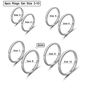 8 PCS Silver Ring Set Titanium Stainless Steel Band Rings for Women Teen Girls Cute 2mm Cute Small Stacking Finger Rings for Knuckle Size 3-10