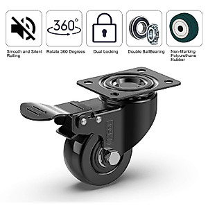 GBL 2" Heavy Duty Caster Wheels with 2 Brakes + Screws - up to 440Lbs - Set of 4 No Floor Marks Silent Castor for Furniture - Rubbered Trolley Wheels - Black Casters