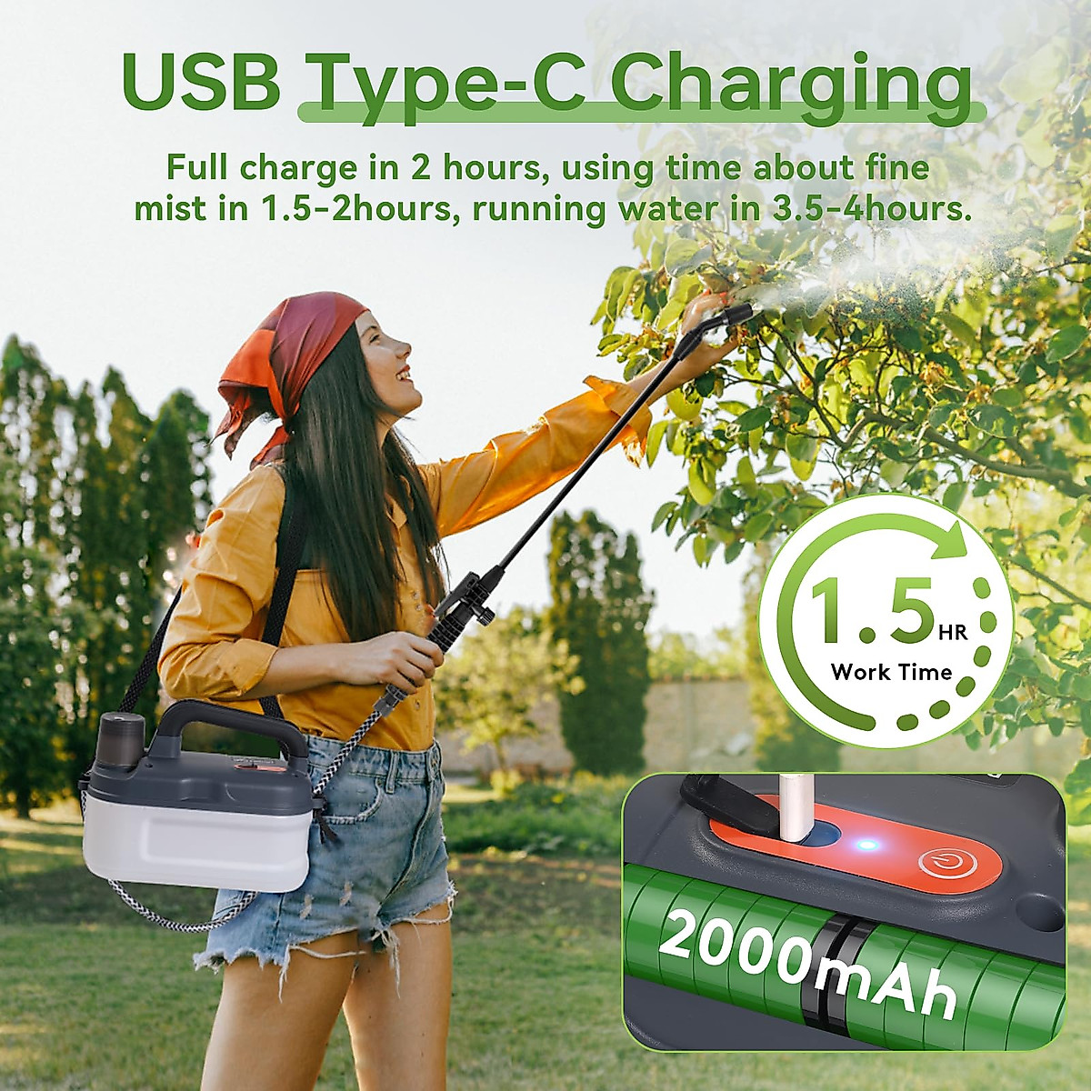 BHeadCat Battery Powered Garden Sprayer 1 Gallon/4L, Electric Pump Sprayer with Lockble Handle and USB Cable, Portable Sprayer with Adjustble Nozzle and Shoulder Strap for Garden Lawn Cleaning