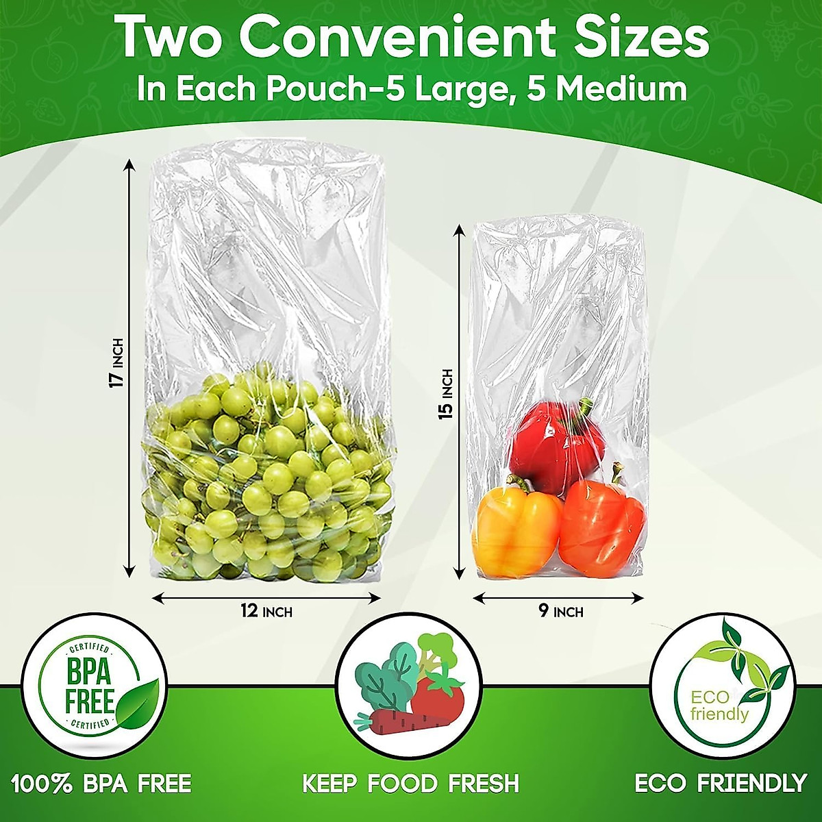 Reusable Vegetable Produce Bags by Produce Pouch – Keeps Fruit, Vegetable, Herbs Fresh Longer, Prevent Food Waste - BPA and Lead-Free Produce Saver Storage Green Bag - Set Of 30 w/Twist-Ties
