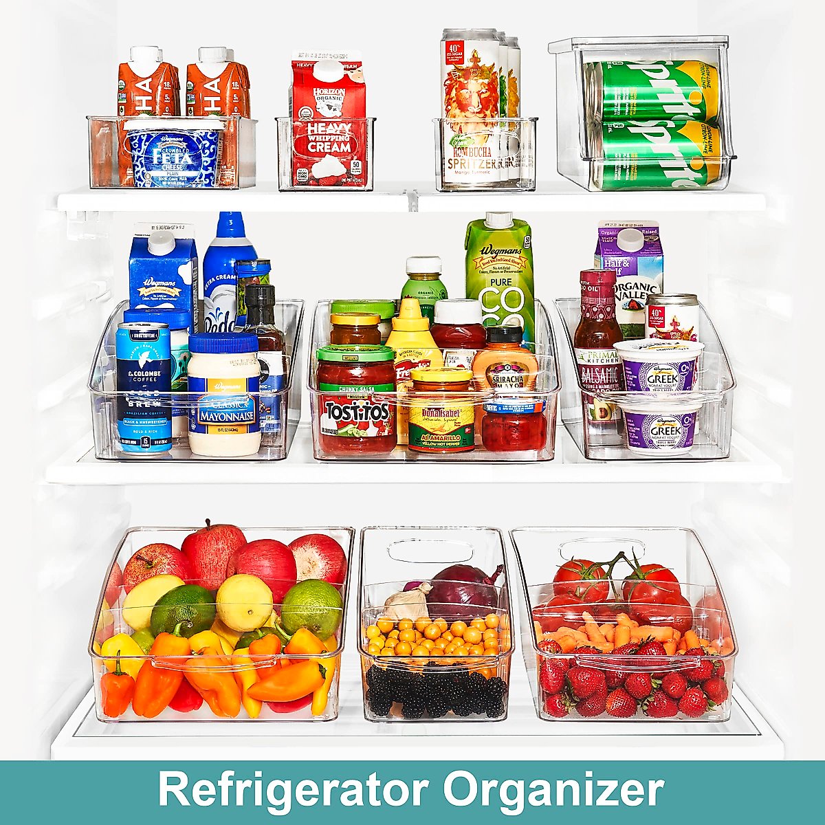 Sorbus Clear Fridge Organizer Bins & Curved Clear Rolling Bins Set - 6 Set with Egg Holder, Can Dispenser, and Varying Sizes - Curved 3 Piece Clear Storage Design with Handles, Dividers, and Wheels