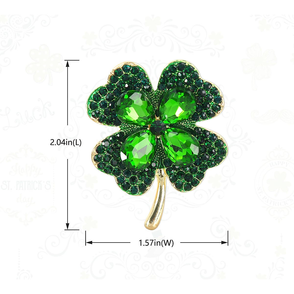 Gyn&Joy Green Crystal Lucky Four Leaf Clover Shamrock Brooch Pin