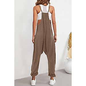 Nirovien Womens Waffle Knit Jumpsuits Oversized One Piece Romper Sleeveless Onesie with Pockets Fall Overalls(Dusty Khaki,L)
