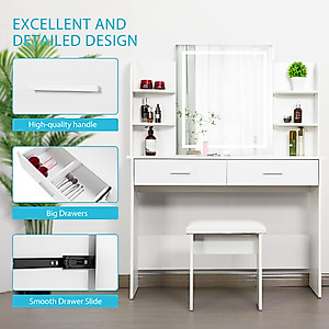 VIVOHOME Makeup Vanity Set with 10 Dimmable LED Bulbs, Dressing Table with 360° Rotating Lighted Mirror and Cushioned Stool, Black