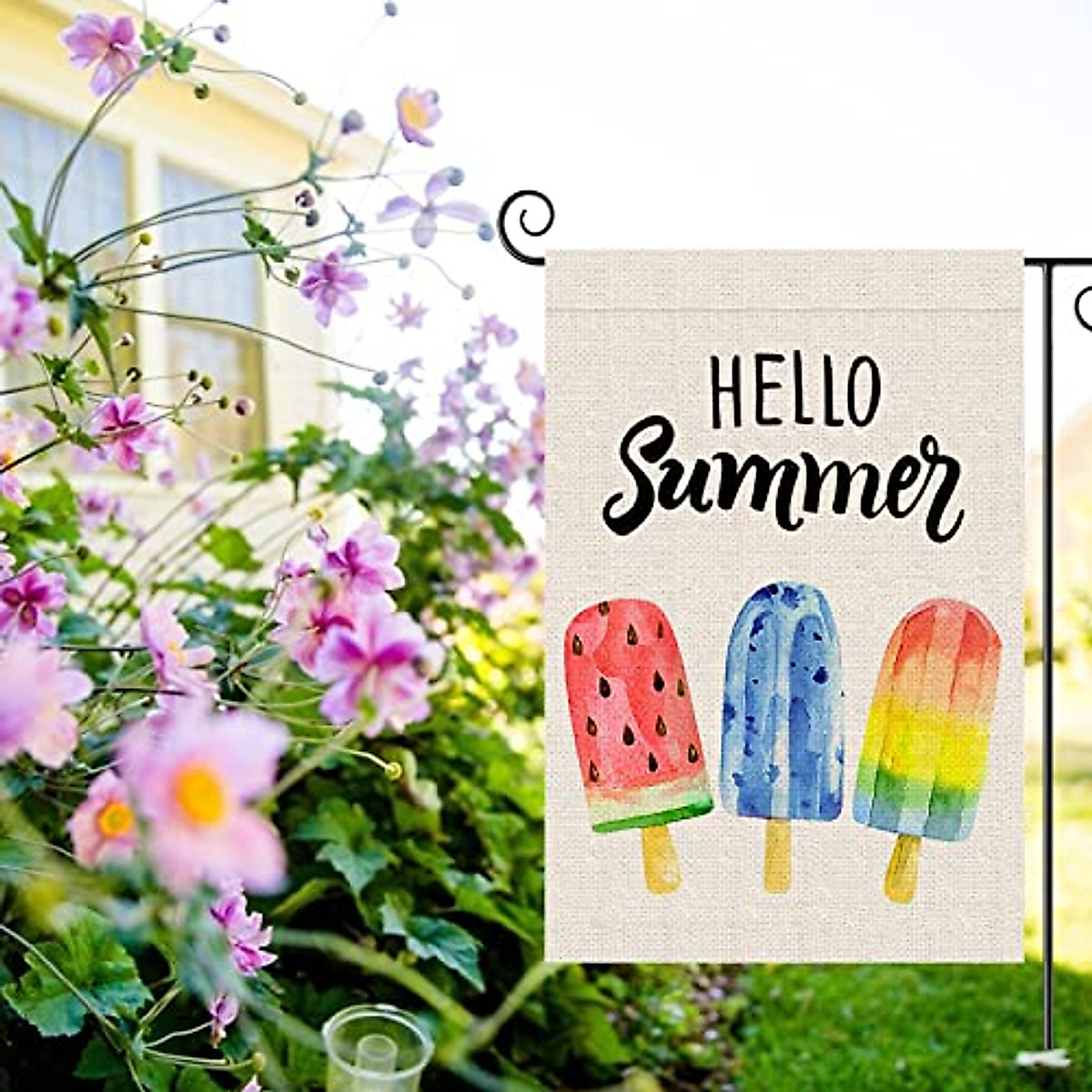 Roberly Hello Summer Garden Flag Double Sided Popsicles Ice Cream Red Blue Rainbow Vertical Banner for Outdoor Yard Summer Decorations Gifts(12.5" x 18")