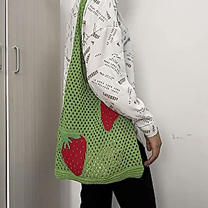 Women Fairycore Hobo Bag Trendy Strawberry Knitted Shoulder Bags Mesh Hollow Tote Bag Aesthetic Fairy Grunge Beach Purse (Green)
