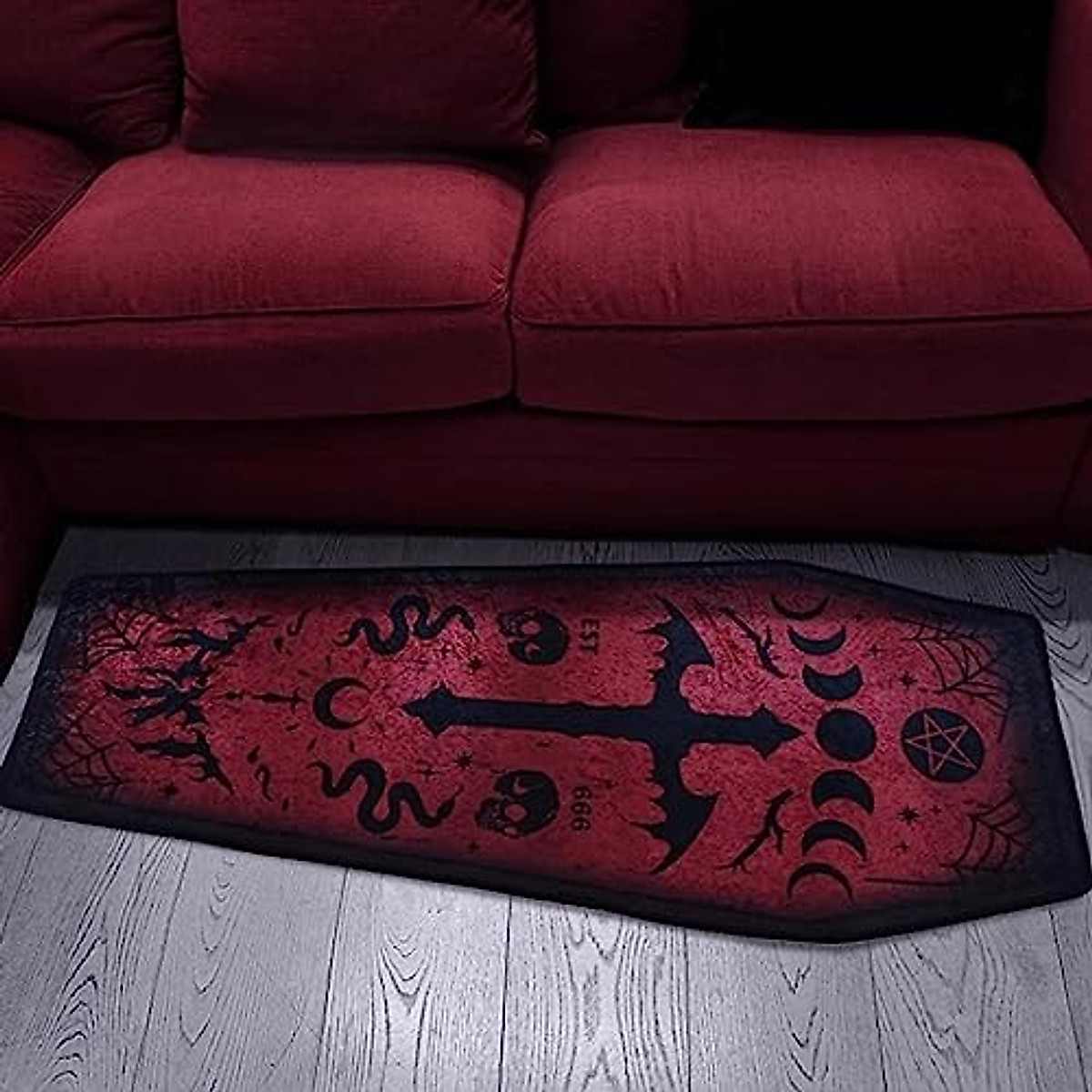 Halloween Carpet Dark Gothic Carpet for Living Room Decoration Coffin Shaped Rug Soft Non Slip Bedroom Home Party Supplies 51x19 Inch (Red)