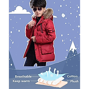 FARVALUE Boy Winter Coat Warm Quilted Puffer Water Resistant Parka Jacket with Detachable Fur Hood for Big Boys Red 6-7