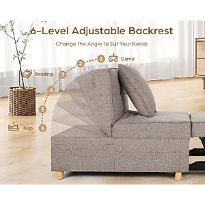 SEJOV Sleeper Sofa Chair Bed,4-in-1 Convertible Sofa Bed Chair with 6 Adjustable Backrest and Pillow, 3-Seat Pull Out Sleeper Chair Linen No Backrest for Bedroom Small Space Living Room, Grey Brown