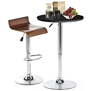 Displays2go Modern Hydraulic Bar Table, 23.5 Inch Round, Aluminum/Wood, Adjustable Height – Black (BRTBLA1B)
