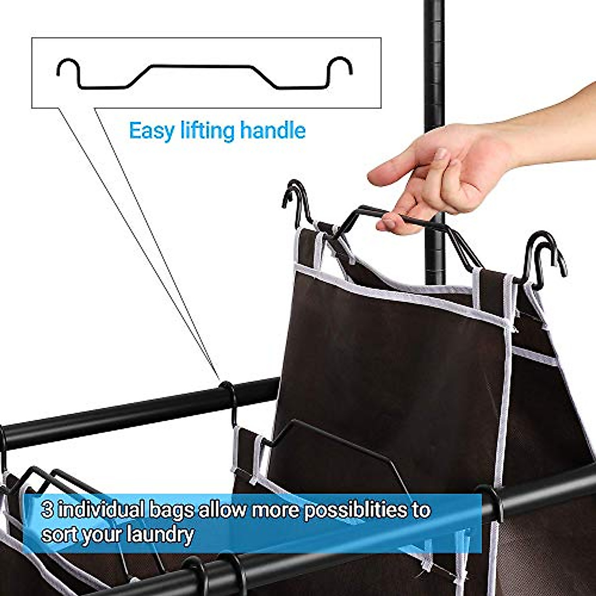 Knocbel Garment Rack Clothes Wardrobe Rolling Cart with Height Adjustable Hanging Bars Swing Arms, 3-Section Laundry Sorter Hampers, Storage Shelf, 4 Detachable Wheels (Black)