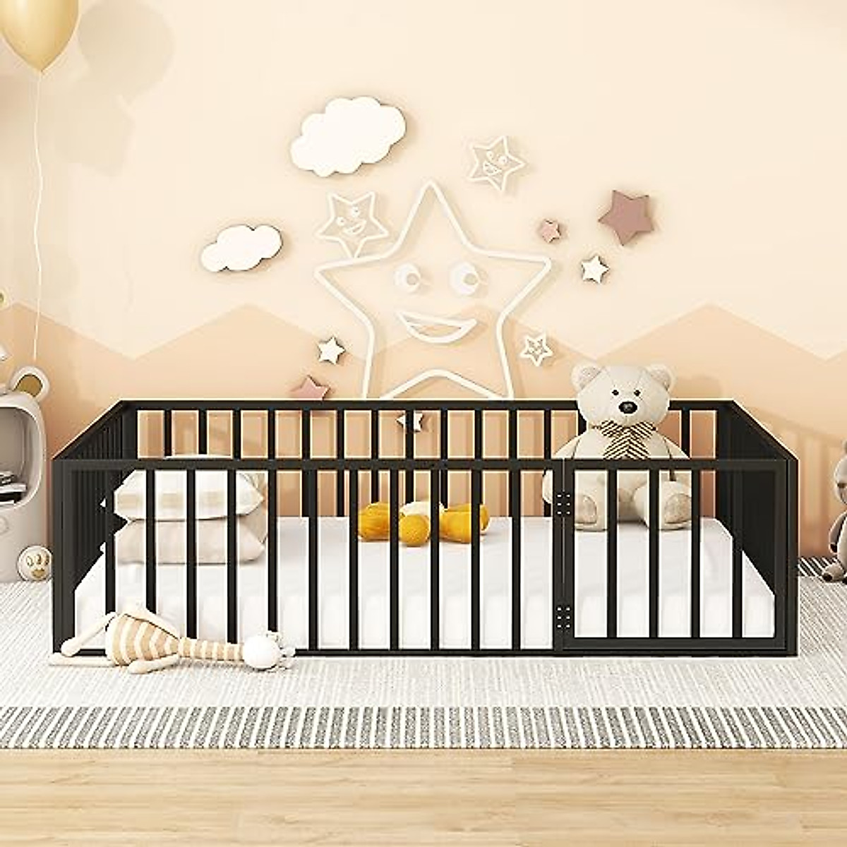 WADRI Metal Floor Bed Frame with Fence-Shaped Safety Guardrails and Door, Queen Size Floor Bed, Montessori Bed Platform Bed Frame for Kids Boys Girls Bedroom (Black + Metal-11)