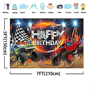SVBright Truck Backdrop 7Wx5H Monster Baby Boys Kids Happy Birthday Party Racing Speed Checkered Grave Digger Cars Photography Background Banner Photo Booth Studio Polyester Fabric